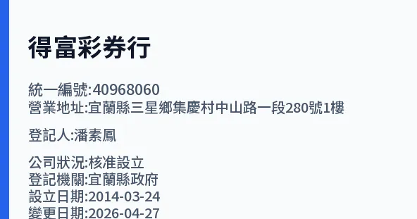 得富彩券行的照片-統編 40968060(宜蘭縣) 公司登記資料與營業項目詳細圖表