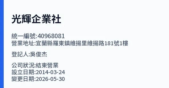 光輝企業社的照片-統編 40968081(宜蘭縣) 公司登記資料與營業項目詳細圖表