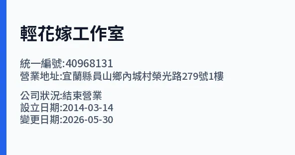 輕花嫁工作室的照片-統編 40968131(宜蘭縣) 公司登記資料與營業項目詳細圖表