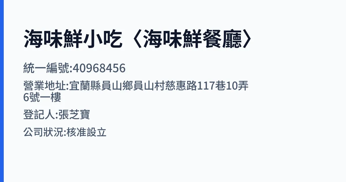 海味鮮小吃〈海味鮮餐廳〉 - 統編 40968456(宜蘭縣) 公司登記資料與營業項目詳細圖表