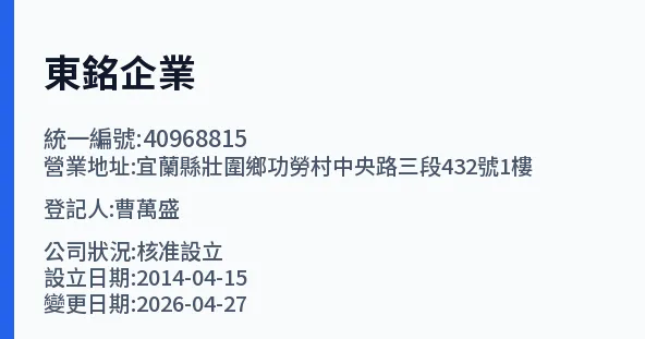東銘企業的照片-統編 40968815(宜蘭縣) 公司登記資料與營業項目詳細圖表