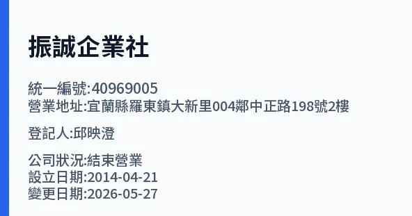 振誠企業社的照片-統編 40969005(宜蘭縣) 公司登記資料與營業項目詳細圖表