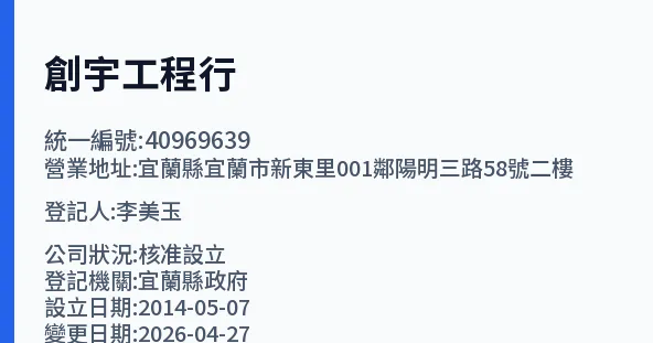 創宇工程行的照片-統編 40969639(宜蘭縣) 公司登記資料與營業項目詳細圖表