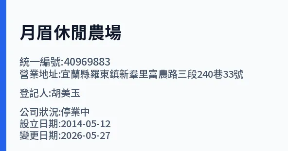月眉休閒農場的照片-統編 40969883(宜蘭縣) 公司登記資料與營業項目詳細圖表