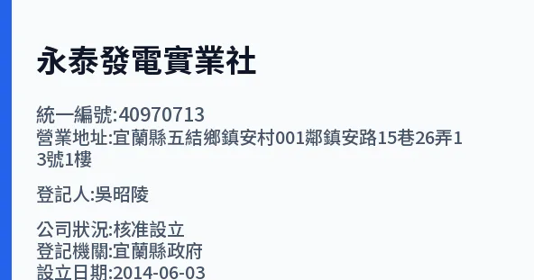 永泰發電實業社的照片-統編 40970713(宜蘭縣) 公司登記資料與營業項目詳細圖表