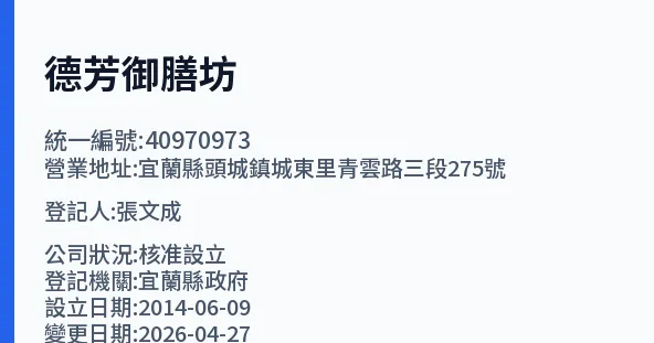 德芳御膳坊的照片-統編 40970973(宜蘭縣) 公司登記資料與營業項目詳細圖表