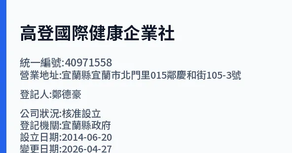 高登國際健康企業社的照片-統編 40971558(宜蘭縣) 公司登記資料與營業項目詳細圖表