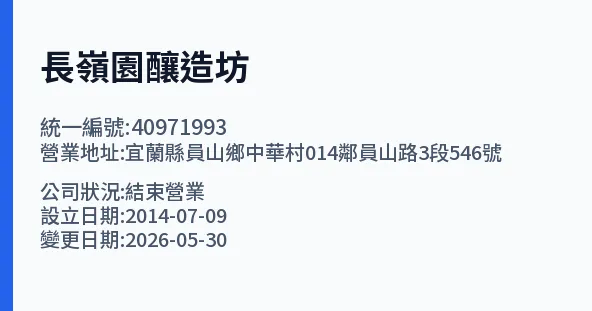 長嶺園釀造坊的照片-統編 40971993(宜蘭縣) 公司登記資料與營業項目詳細圖表