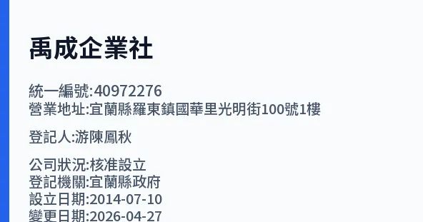 禹成企業社的照片-統編 40972276(宜蘭縣) 公司登記資料與營業項目詳細圖表