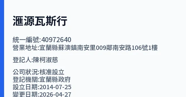 滙源瓦斯行的照片-統編 40972640(宜蘭縣) 公司登記資料與營業項目詳細圖表