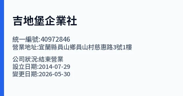 吉地堡企業社的照片-統編 40972846(宜蘭縣) 公司登記資料與營業項目詳細圖表