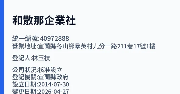 和散那企業社的照片-統編 40972888(宜蘭縣) 公司登記資料與營業項目詳細圖表