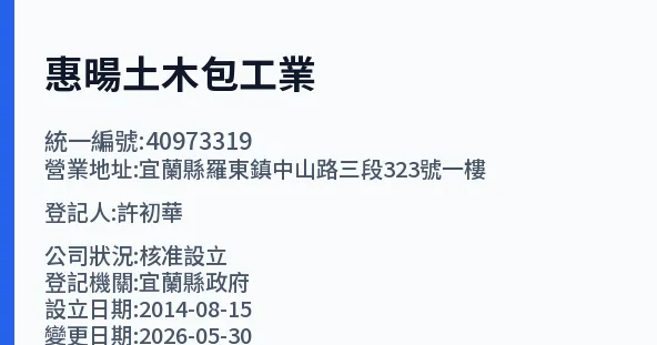 惠暘土木包工業的照片-統編 40973319(宜蘭縣) 公司登記資料與營業項目詳細圖表
