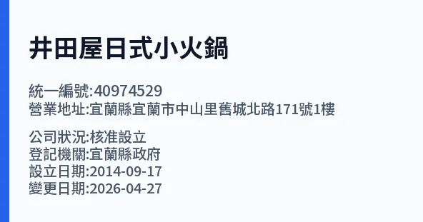 井田屋日式小火鍋的照片-統編 40974529(宜蘭縣) 公司登記資料與營業項目詳細圖表