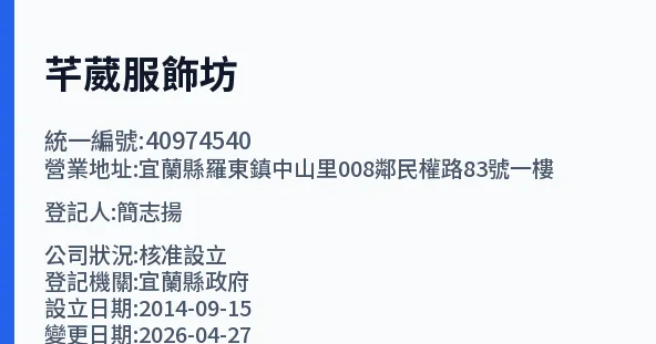 芊葳服飾坊的照片-統編 40974540(宜蘭縣) 公司登記資料與營業項目詳細圖表