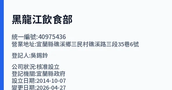 黑龍江飲食部的照片-統編 40975436(宜蘭縣) 公司登記資料與營業項目詳細圖表