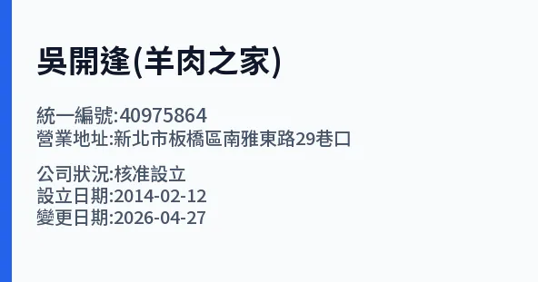 吳開逢(羊肉之家)的照片-統編 40975864(新北市) 公司登記資料與營業項目詳細圖表