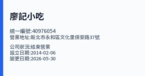廖記小吃的照片-統編 40976054(新北市) 公司登記資料與營業項目詳細圖表