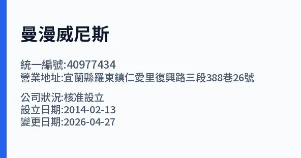 曼漫威尼斯的照片-統編 40977434(宜蘭縣) 公司登記資料與營業項目詳細圖表