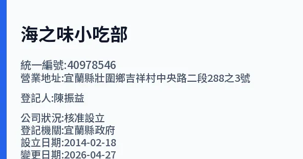 海之味小吃部的照片-統編 40978546(宜蘭縣) 公司登記資料與營業項目詳細圖表