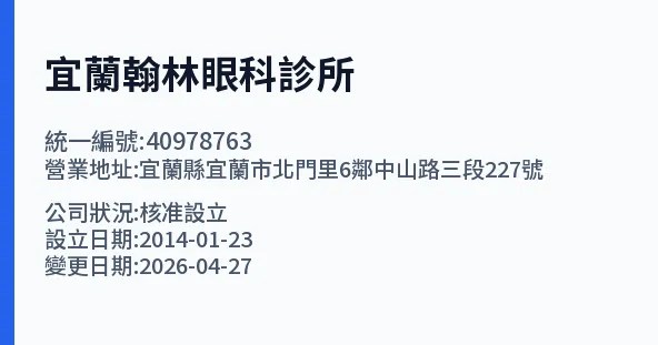 宜蘭翰林眼科診所的照片-統編 40978763(宜蘭縣) 公司登記資料與營業項目詳細圖表