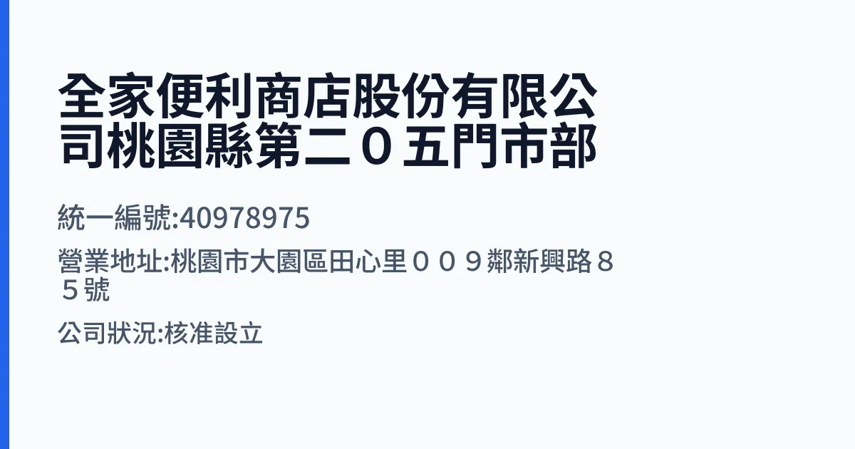 全家便利商店股份有限公司桃園縣第二０五門市部 - 統編 40978975(桃園市) 公司登記資料與營業項目詳細圖表