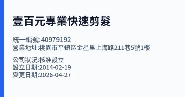 壹百元專業快速剪髮的照片-統編 40979192(桃園市) 公司登記資料與營業項目詳細圖表