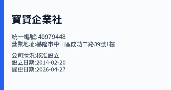寶賢企業社的照片-統編 40979448(基隆市) 公司登記資料與營業項目詳細圖表