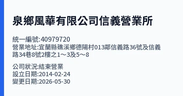 泉鄉風華有限公司信義營業所的照片-統編 40979720(宜蘭縣) 公司登記資料與營業項目詳細圖表