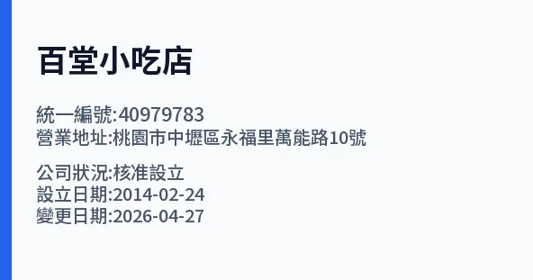 百堂小吃店的照片-統編 40979783(桃園市) 公司登記資料與營業項目詳細圖表