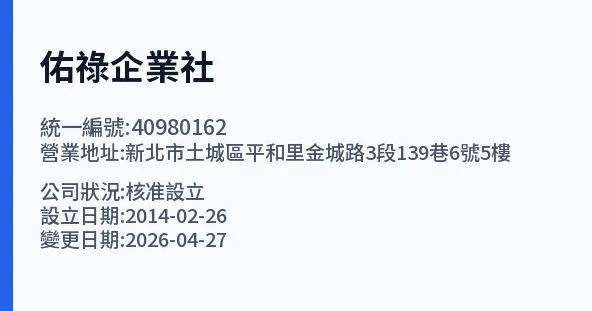 佑祿企業社的照片-統編 40980162(新北市) 公司登記資料與營業項目詳細圖表