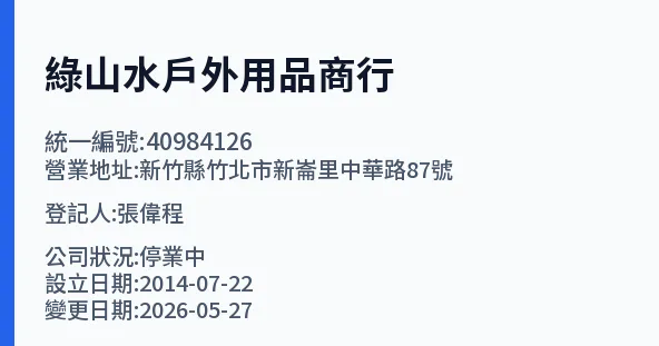 綠山水戶外用品商行的照片-統編 40984126(新竹縣) 公司登記資料與營業項目詳細圖表