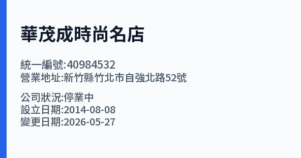 華茂成時尚名店的照片-統編 40984532(新竹縣) 公司登記資料與營業項目詳細圖表