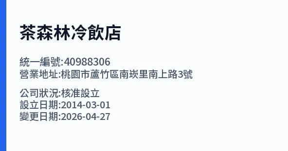 茶森林冷飲店的照片-統編 40988306(桃園市) 公司登記資料與營業項目詳細圖表