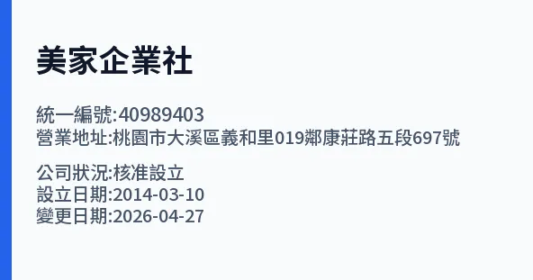 美家企業社的照片-統編 40989403(桃園市) 公司登記資料與營業項目詳細圖表