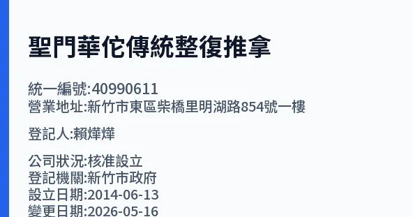 聖門華佗傳統整復推拿的照片-統編 40990611(新竹市) 公司登記資料與營業項目詳細圖表