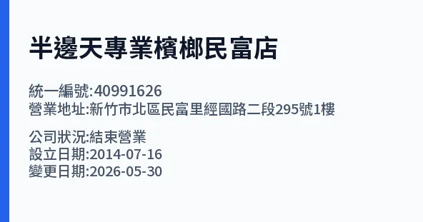半邊天專業檳榔民富店的照片-統編 40991626(新竹市) 公司登記資料與營業項目詳細圖表