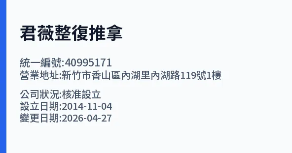 君薇整復推拿的照片-統編 40995171(新竹市) 公司登記資料與營業項目詳細圖表