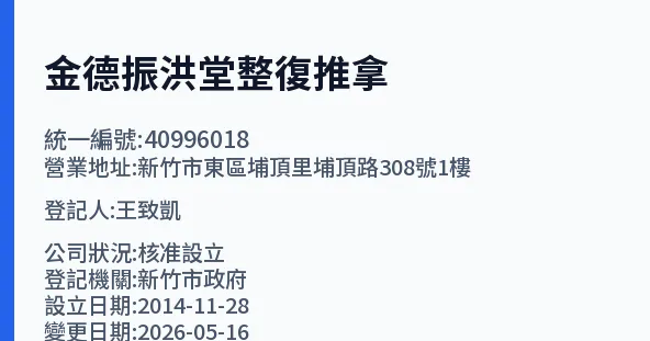 金德振洪堂整復推拿的照片-統編 40996018(新竹市) 公司登記資料與營業項目詳細圖表