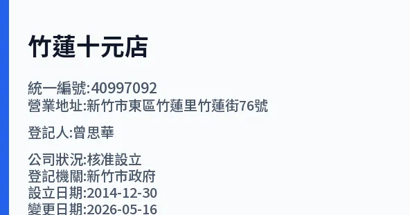 竹蓮十元店的照片-統編 40997092(新竹市) 公司登記資料與營業項目詳細圖表