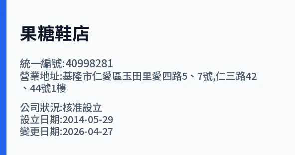 果糖鞋店的照片-統編 40998281(基隆市) 公司登記資料與營業項目詳細圖表