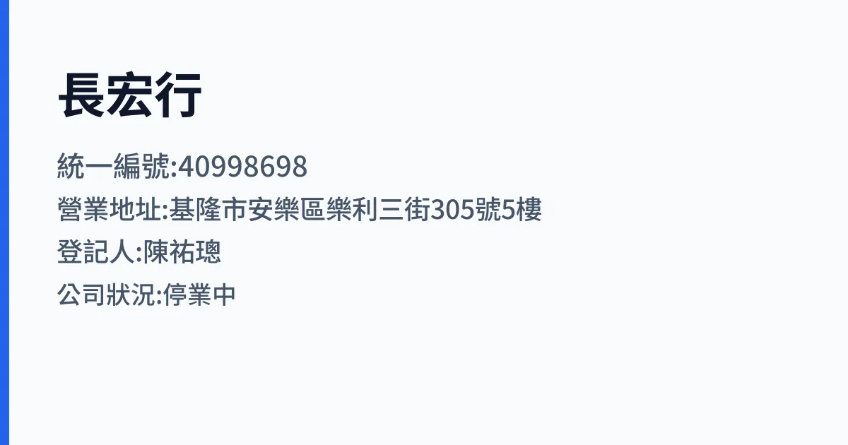 長宏行 - 統編 40998698(基隆市) 公司登記資料與營業項目詳細圖表
