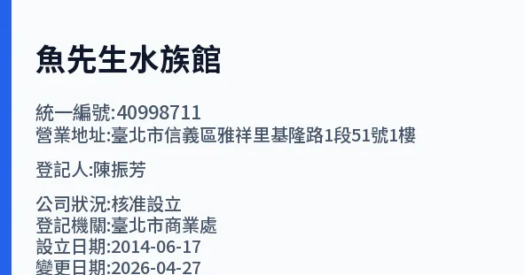 魚先生水族館的照片-統編 40998711(臺北市) 公司登記資料與營業項目詳細圖表