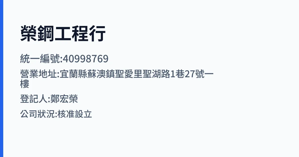 榮鋼工程行 - 統編 40998769(宜蘭縣) 公司登記資料與營業項目詳細圖表