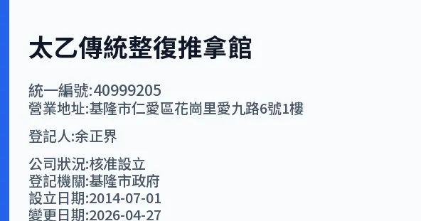 太乙傳統整復推拿館的照片-統編 40999205(基隆市) 公司登記資料與營業項目詳細圖表