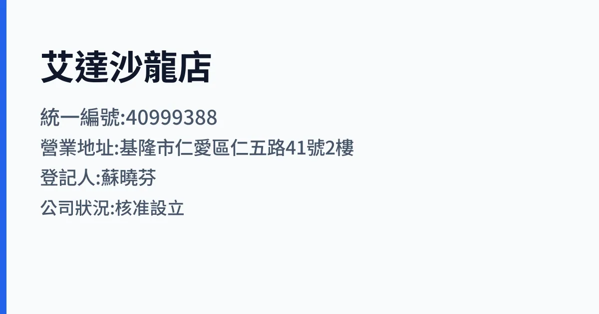 艾達沙龍店 - 統編 40999388(基隆市) 公司登記資料與營業項目詳細圖表