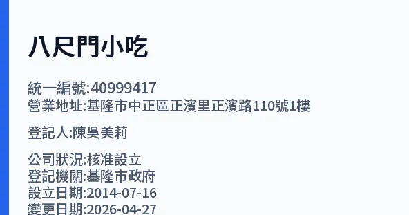 八尺門小吃的照片-統編 40999417(基隆市) 公司登記資料與營業項目詳細圖表