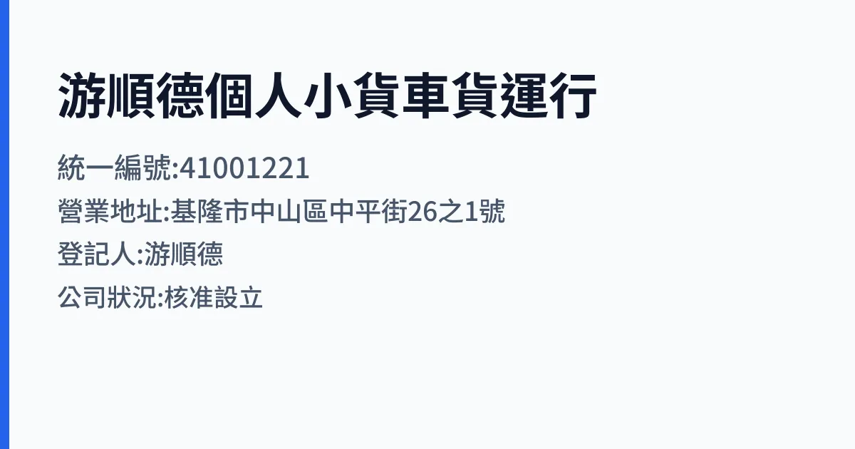 游順德個人小貨車貨運行 - 統編 41001221(基隆市) 公司登記資料與營業項目詳細圖表