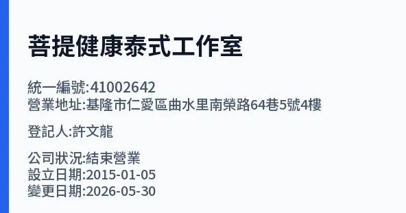 菩提健康泰式工作室的照片-統編 41002642(基隆市) 公司登記資料與營業項目詳細圖表