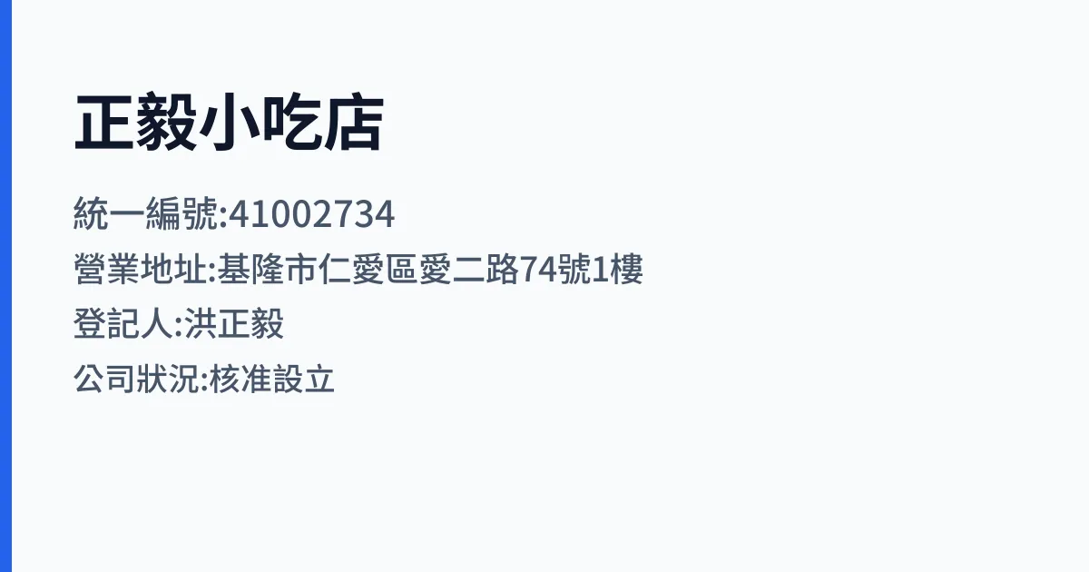 正毅小吃店 - 統編 41002734(基隆市) 公司登記資料與營業項目詳細圖表